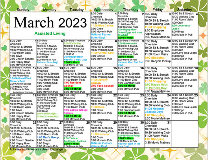 March Assisted Living Calendar | Columbus Traditions